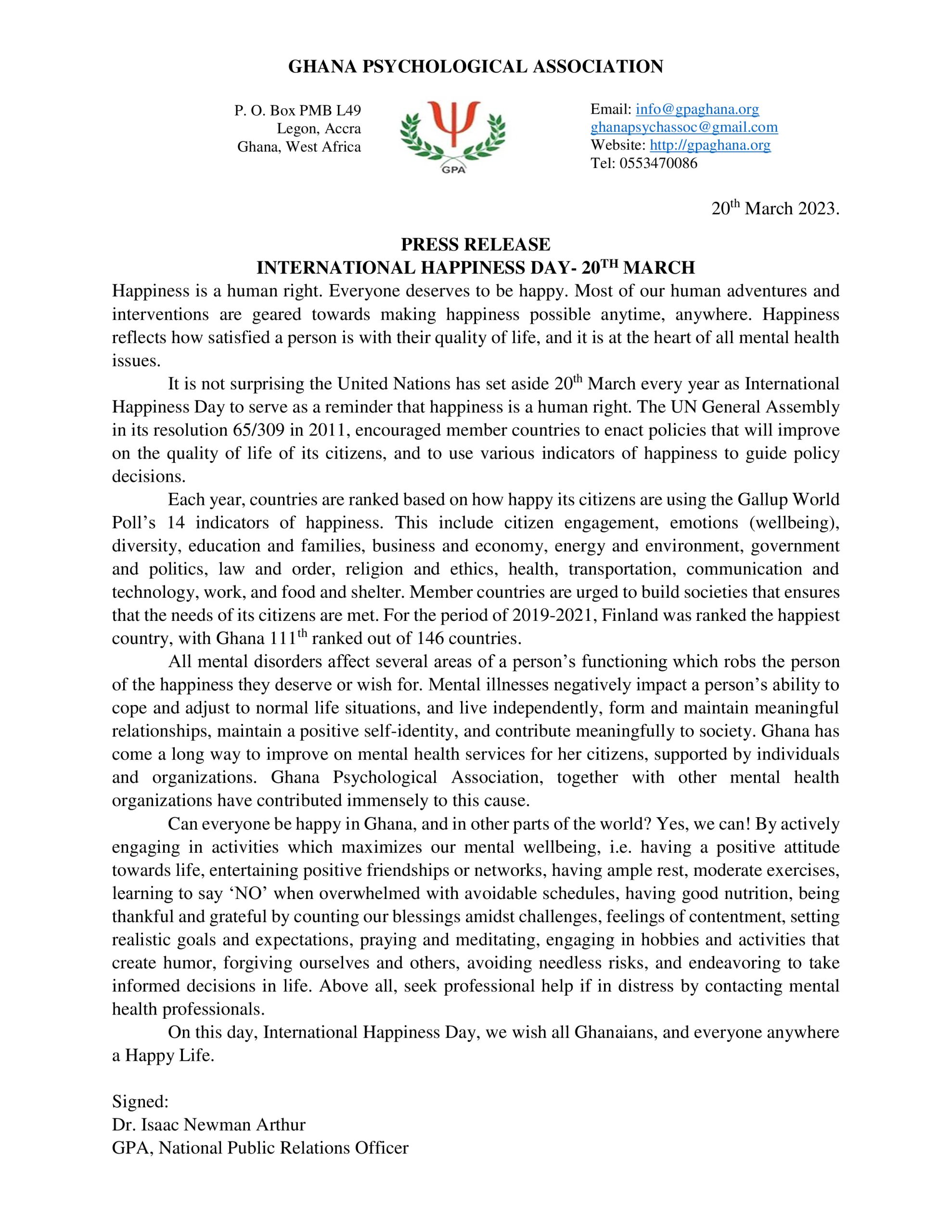 PRESS RELEASE – INTERNATIONAL HAPPINESS DAY – Ghana Psychological ... PRESS RELEASE – INTERNATIONAL HAPPINESS DAY – Ghana Psychological ...